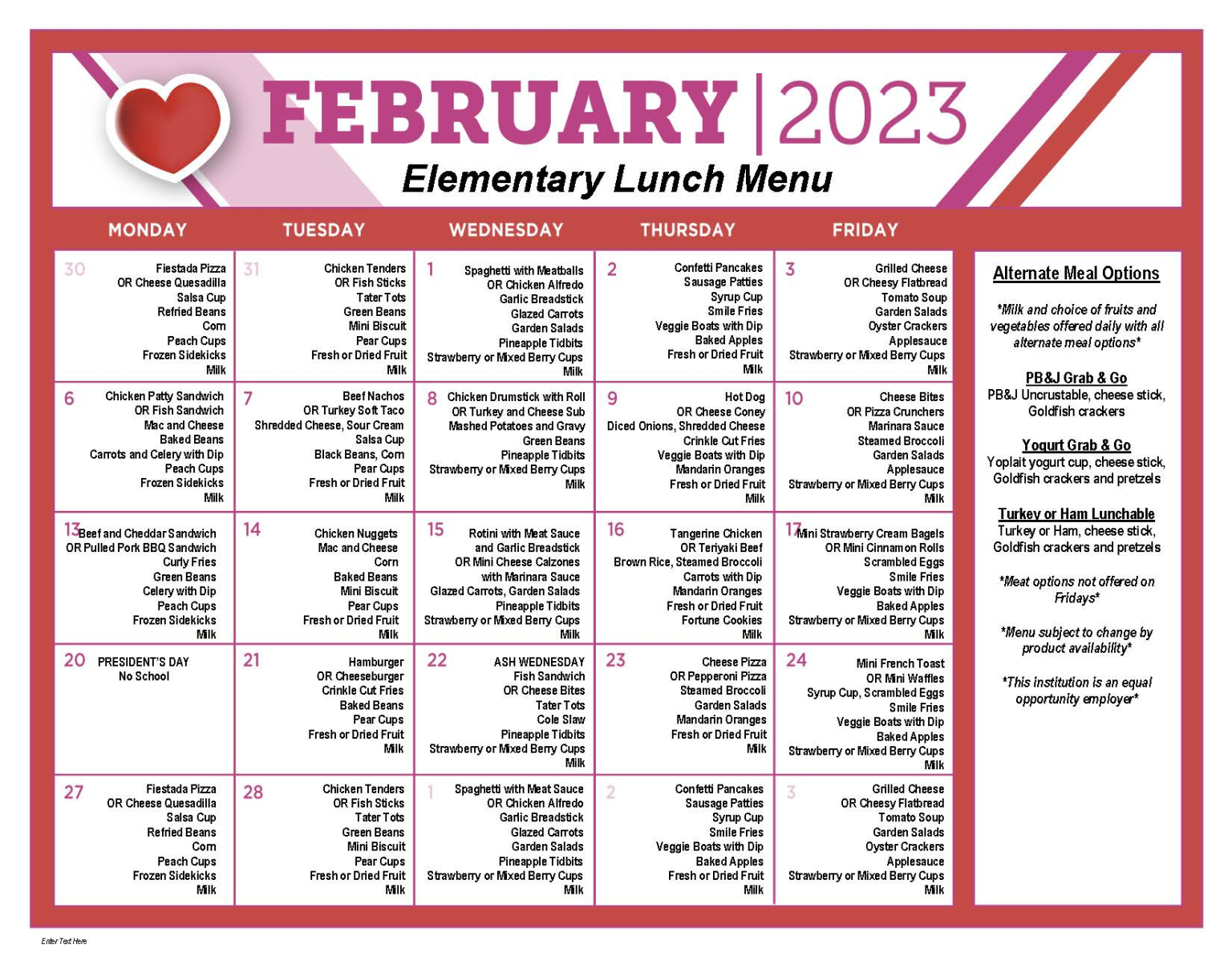 Cafeteria-Lunch Menu – St. Paul School