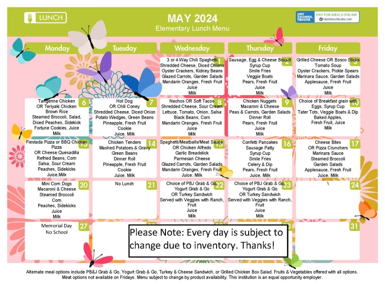 Cafeteria-Lunch Menu – St. Paul School