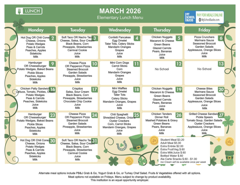 Cafeteria-Lunch Menu – St. Paul School
